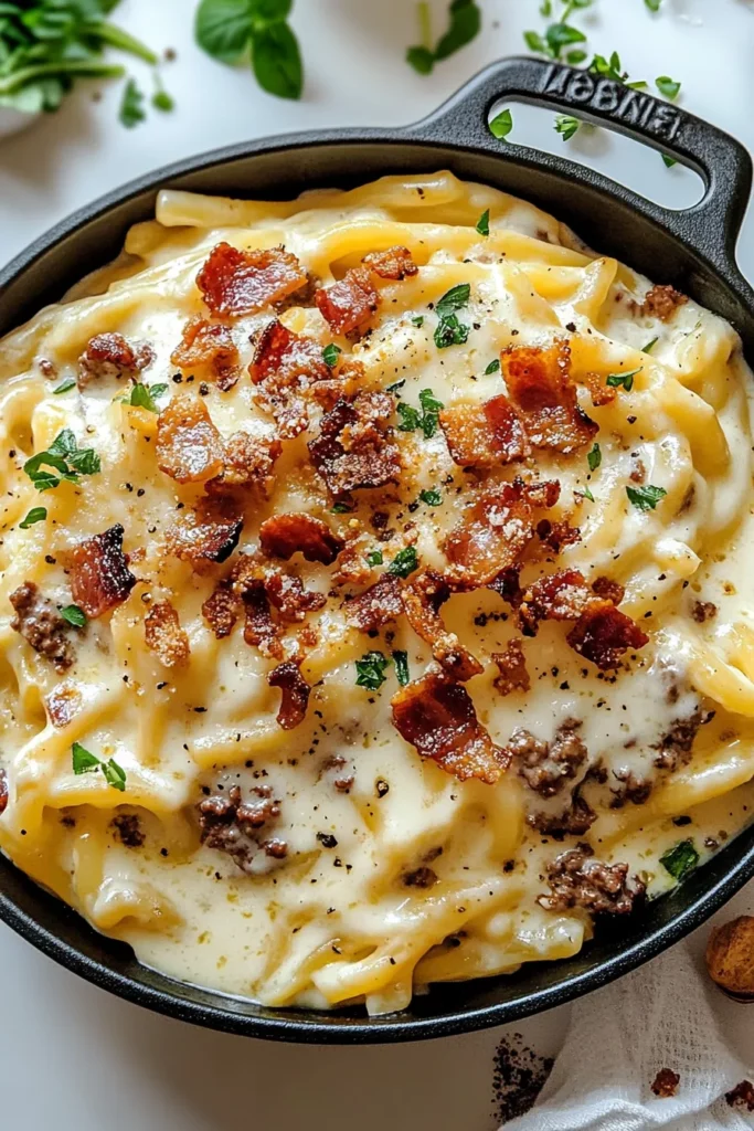 Loaded Bacon Cheeseburger Alfredo Pasta – OatsRecipes